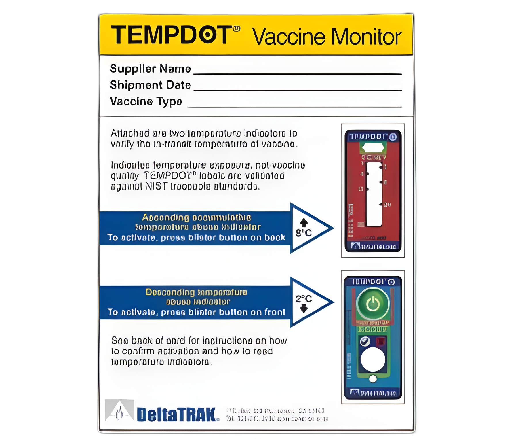 Single-Use Vaccine Monitor Card TempDot® Fahrenheit / Celsius 36° to 46 ...